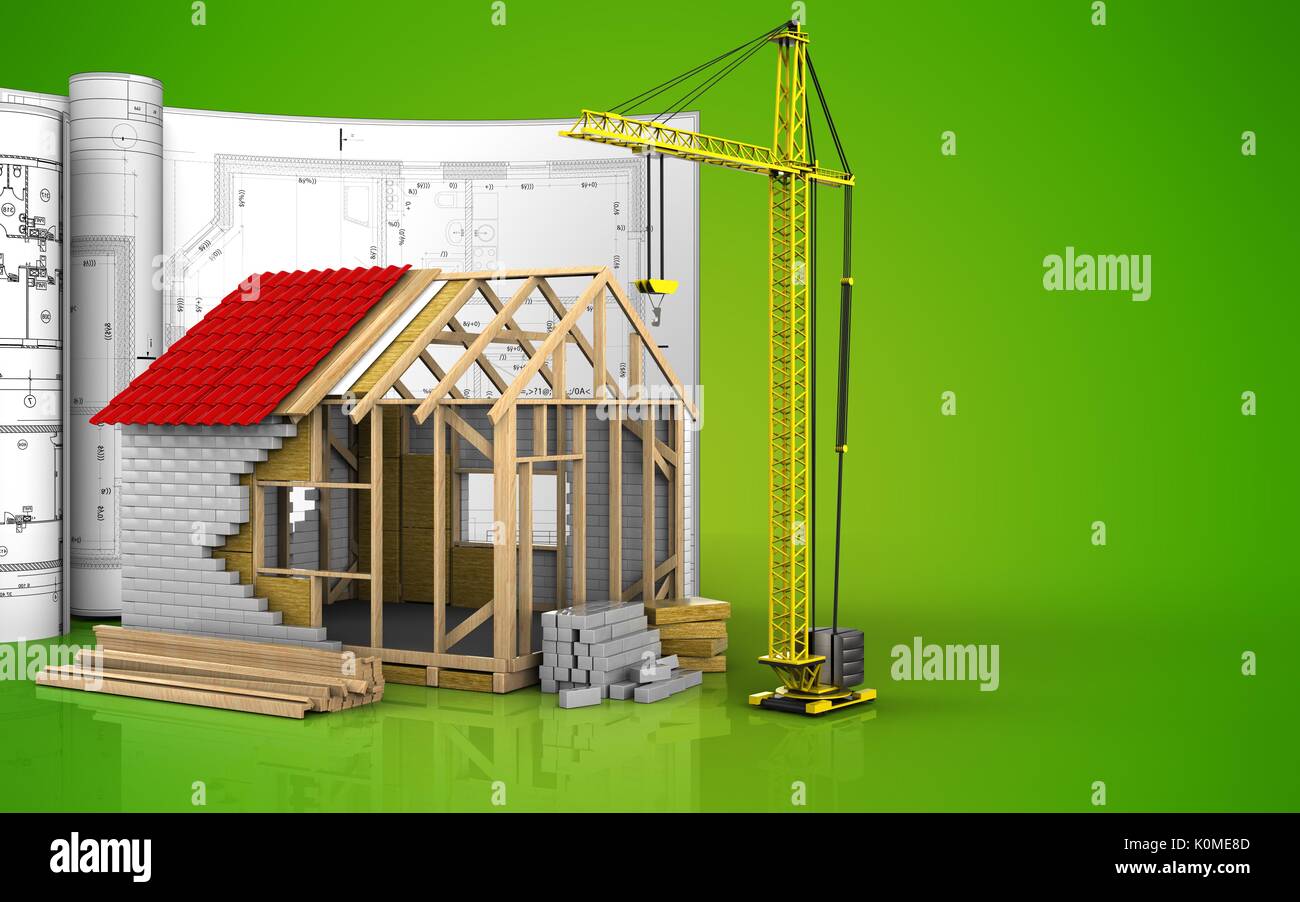 3d illustration of frame house with drawings over green background ...