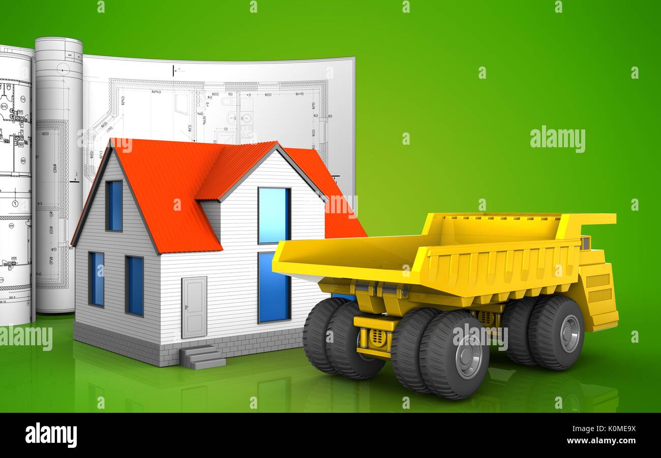 3d illustration of generic house with drawings over green background ...