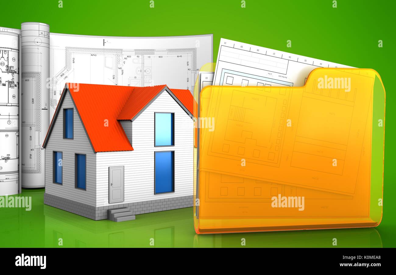 3d illustration of generic house with drawings over green background ...
