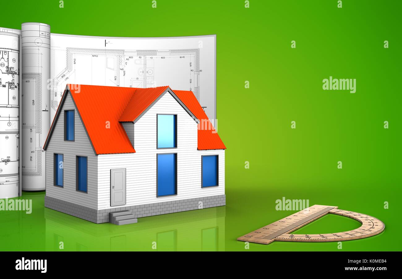 3d illustration of generic house with drawings over green background ...