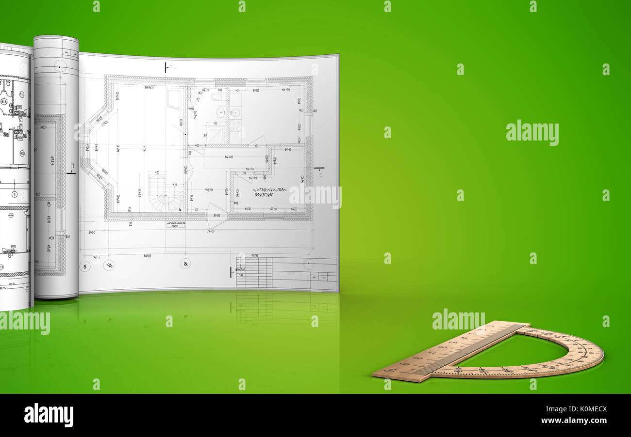 3d illustration protractor with drawings over green background Stock ...