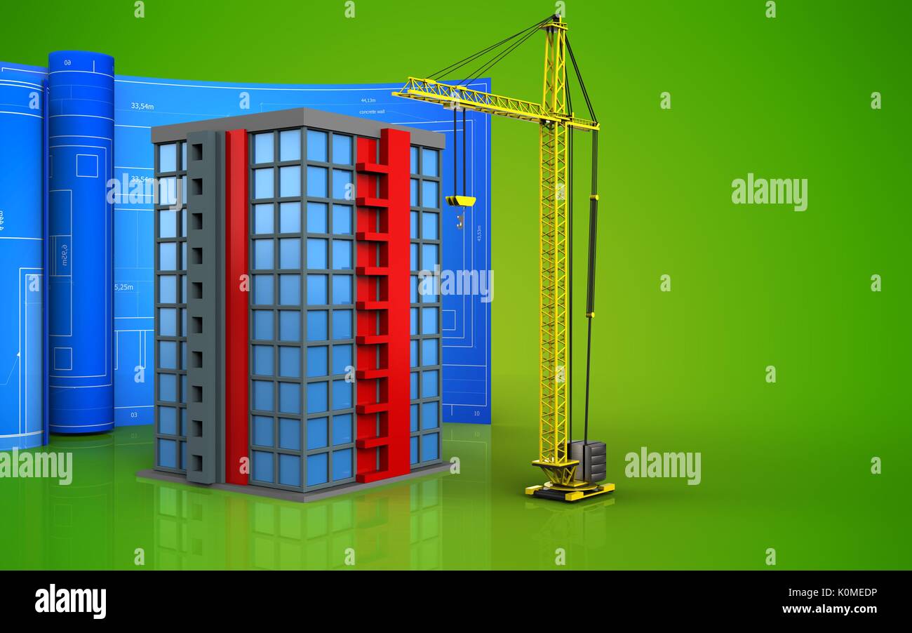 3d illustration of building with drawing roll over green background ...