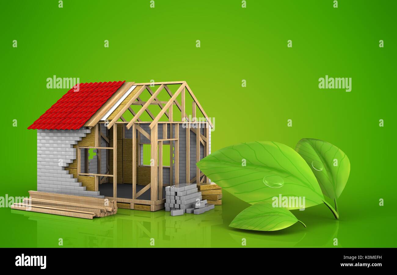 3d illustration of frame house over green background Stock Photo - Alamy