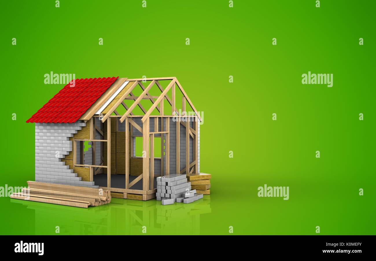 3d illustration of frame house over green background Stock Photo - Alamy