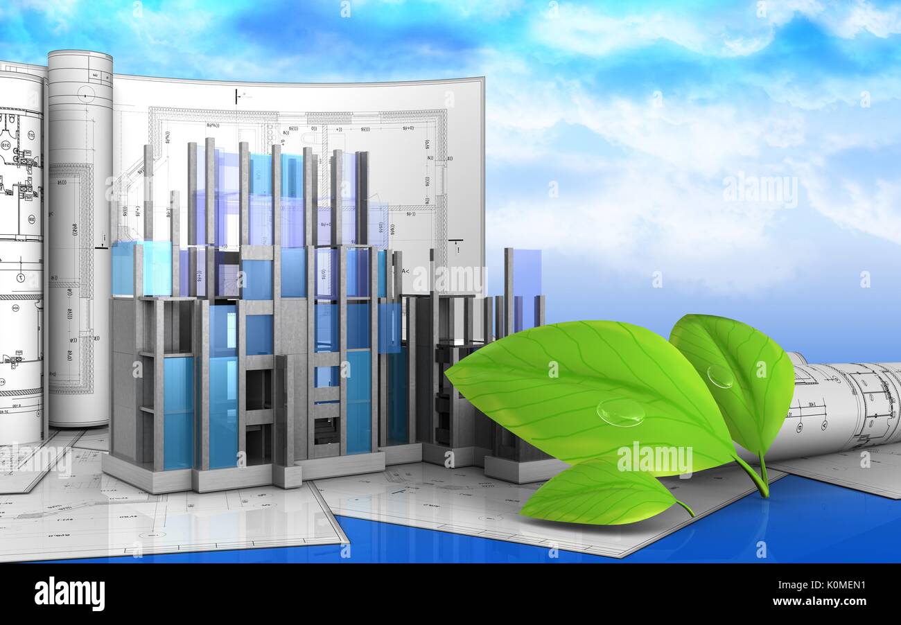 3d illustration of construction progress with drawings over sky ...