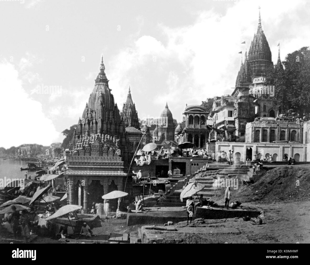 Banaras Ghat , old vintage 1900s lantern slide , Benaras , Varanasi , Uttar Pradesh , India ...