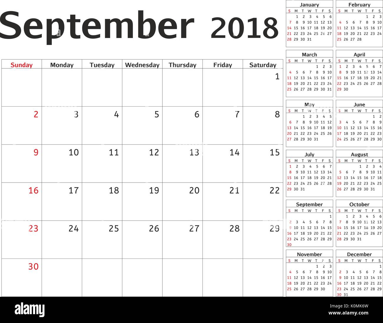 Simple calendar planner for 2018 year. Vector design September template ...