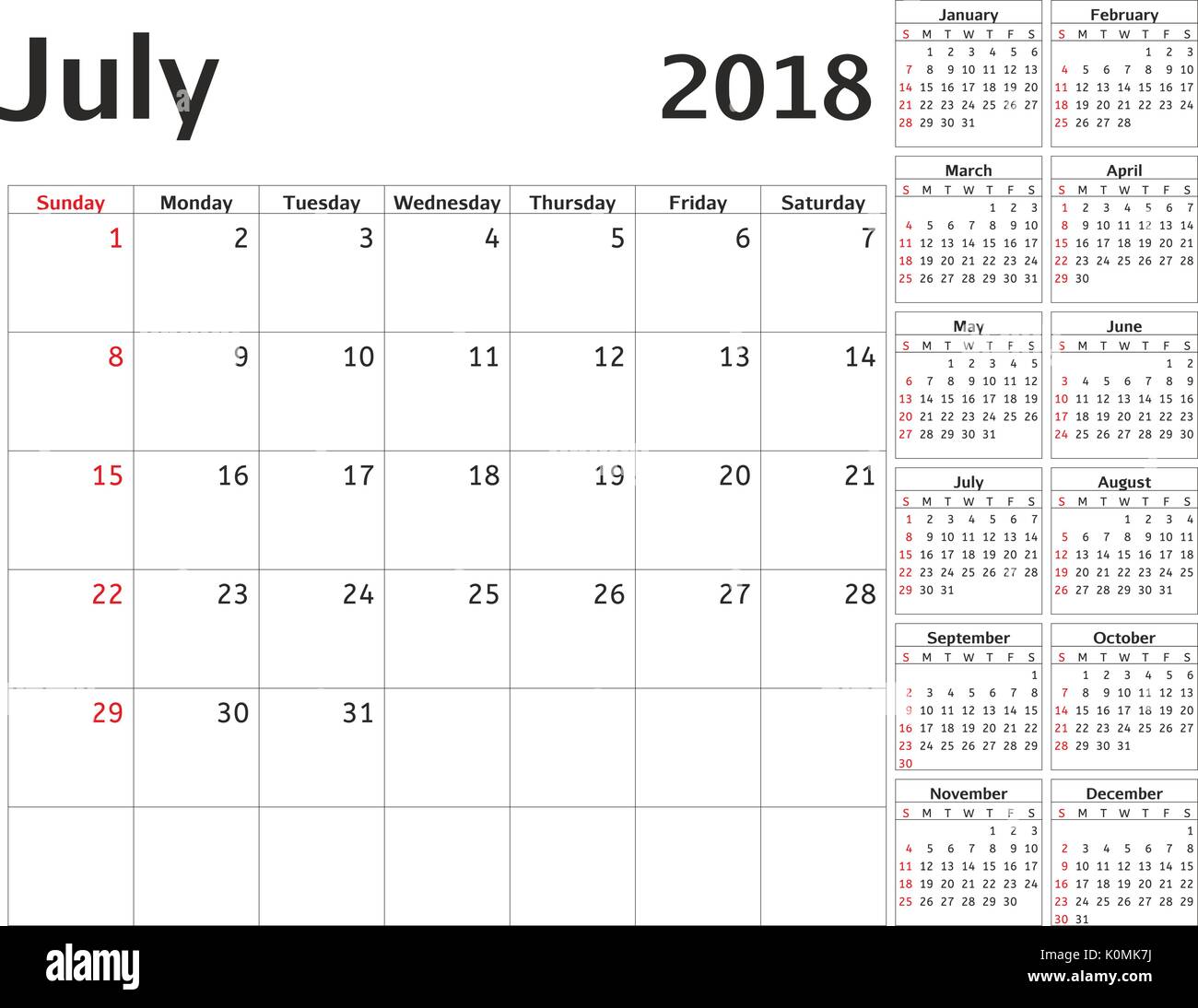 Simple calendar planner for 2018 year. Vector design July template. Set ...