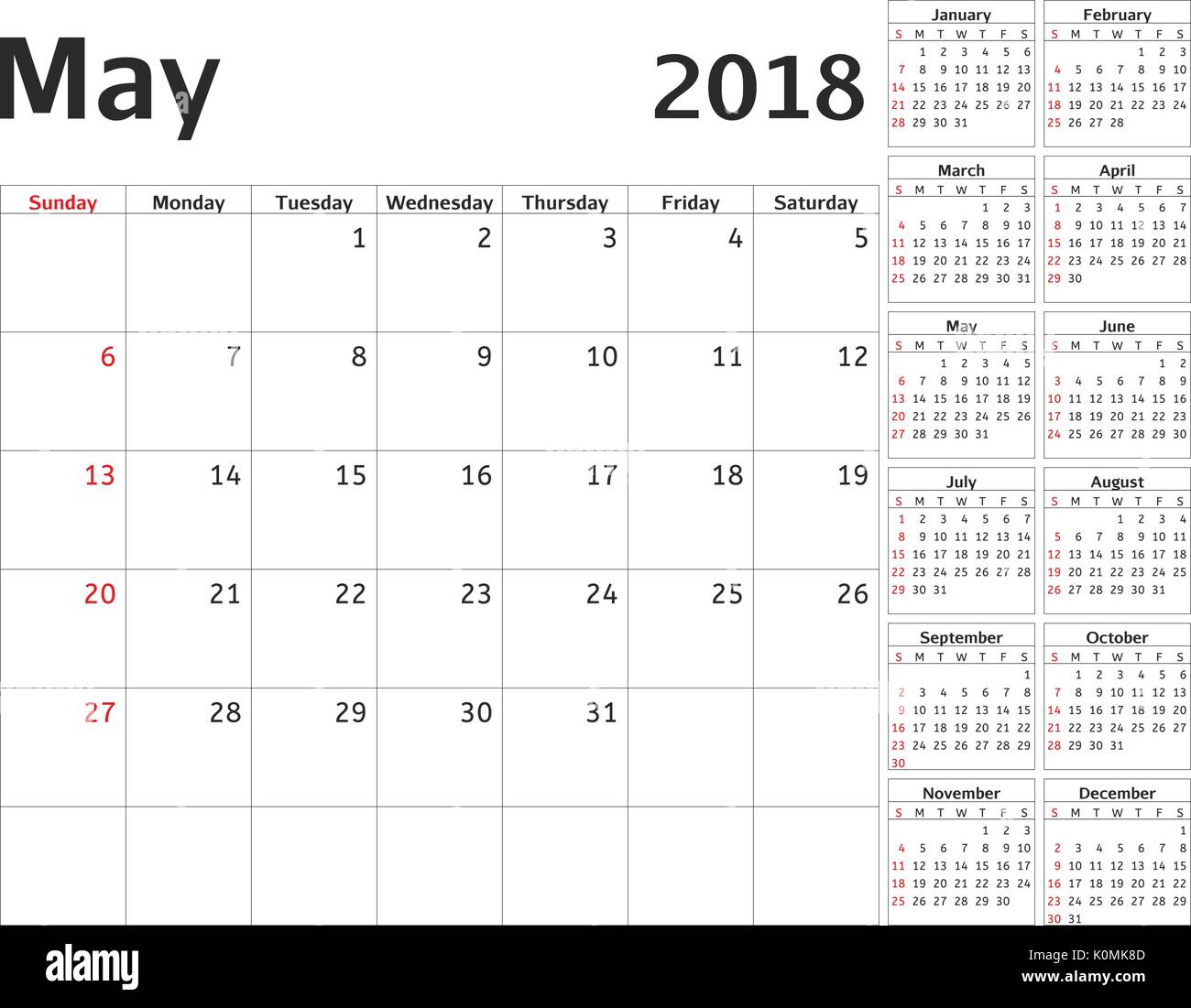 Simple calendar planner for 2018 year. Vector design May template. Set ...