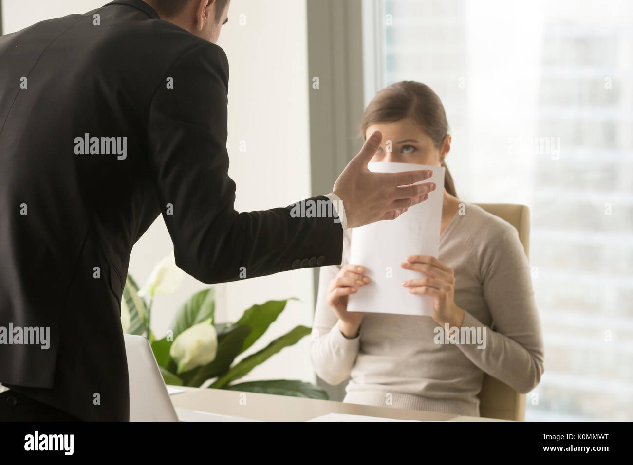 Angry irritated boss reprimanding employee, verbal warning about Stock ...