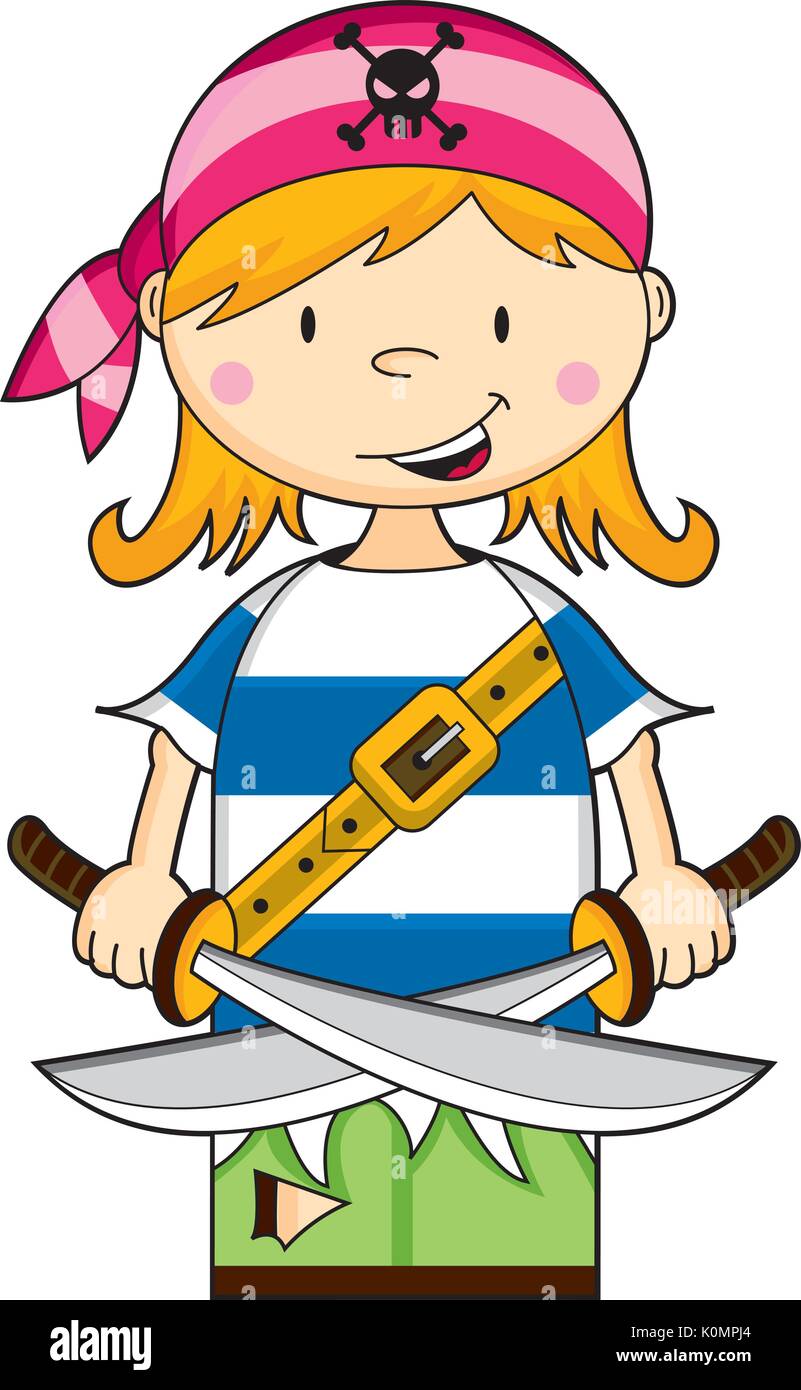 Cute Cartoon Pirate Girl with Swords Vector Illustration Stock Vector ...