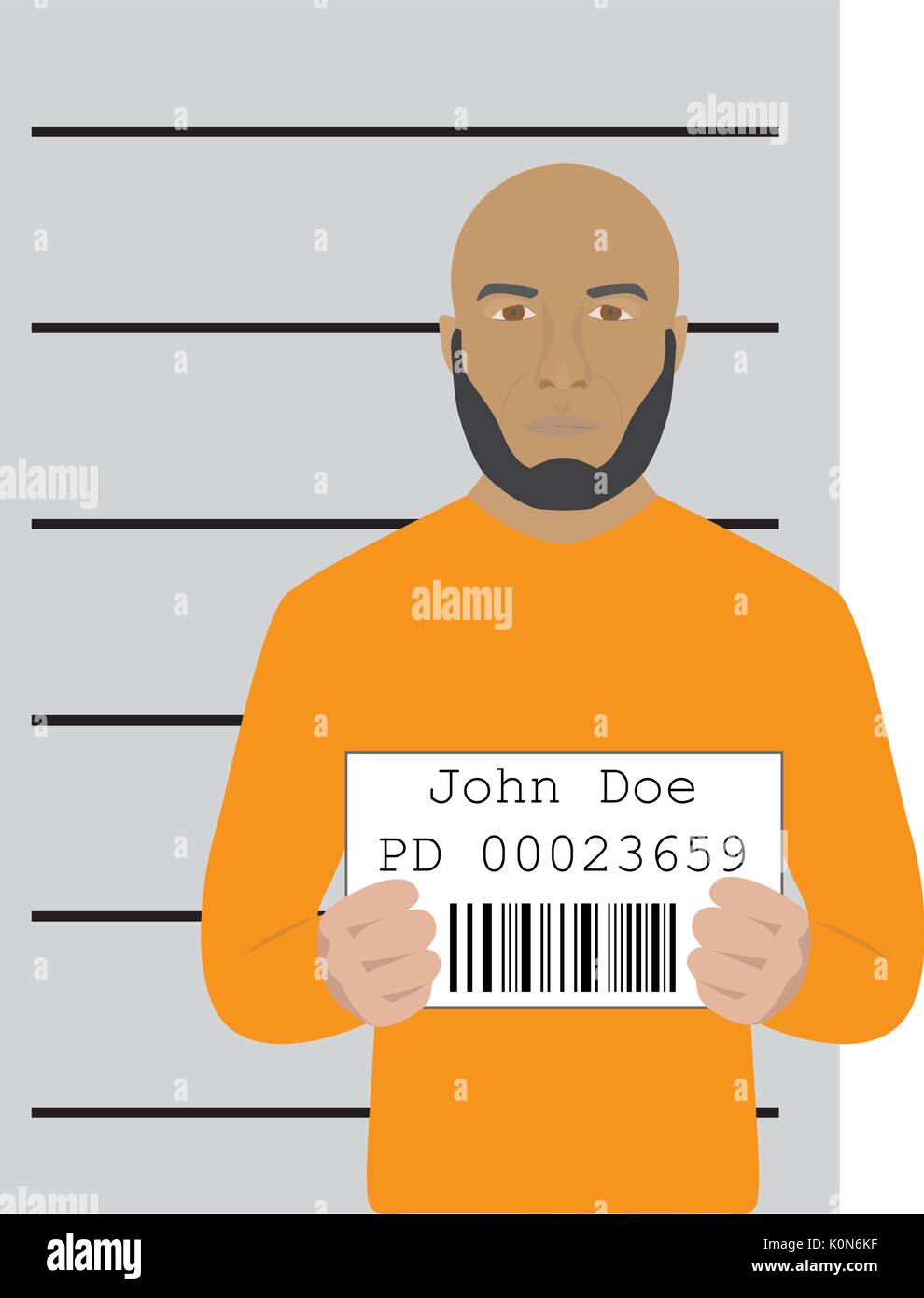 vector illustration of mugshot of bold arrested man with black beard ...