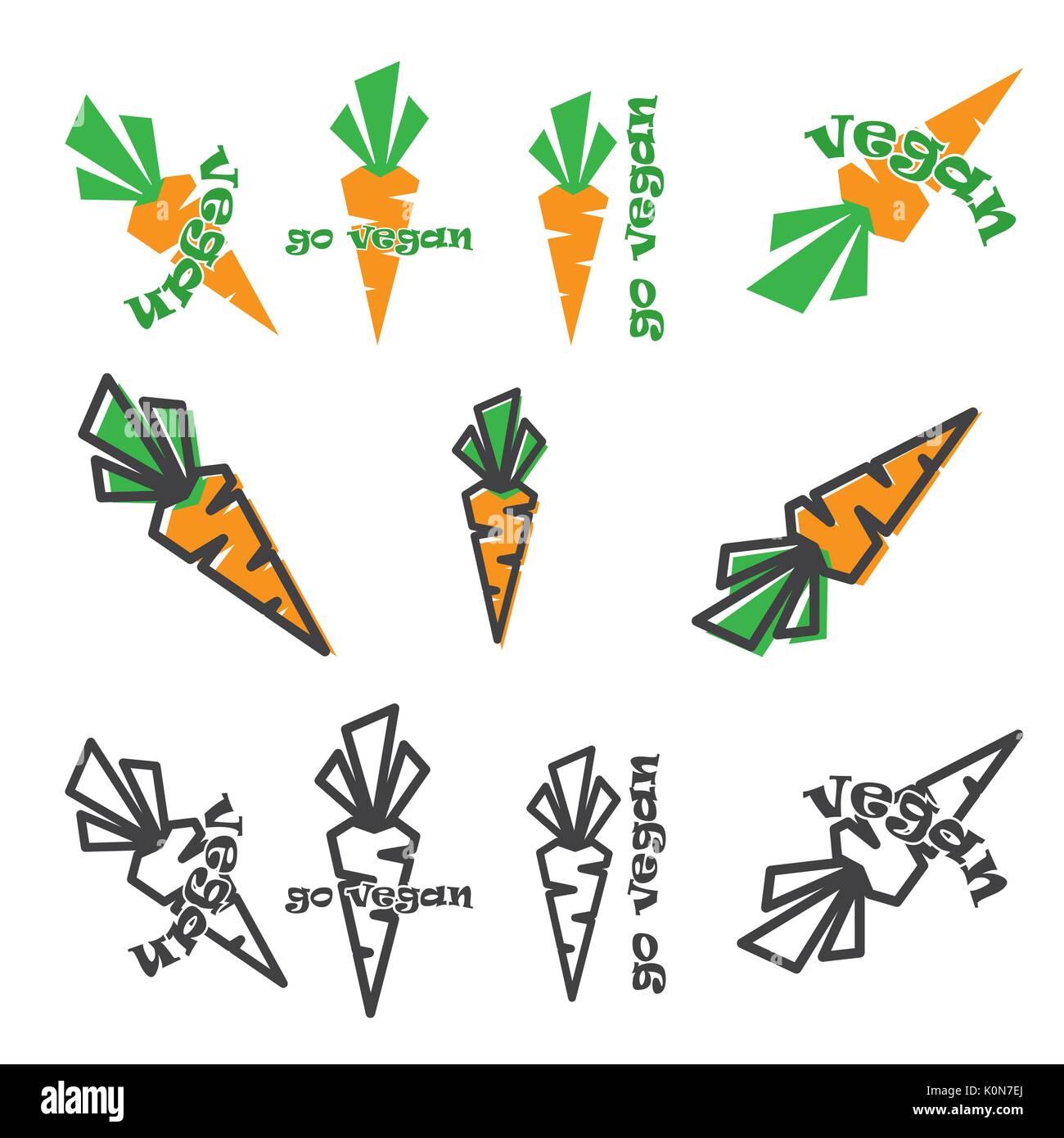 vector set of carrots with and without go vegan slogan.color, color ...