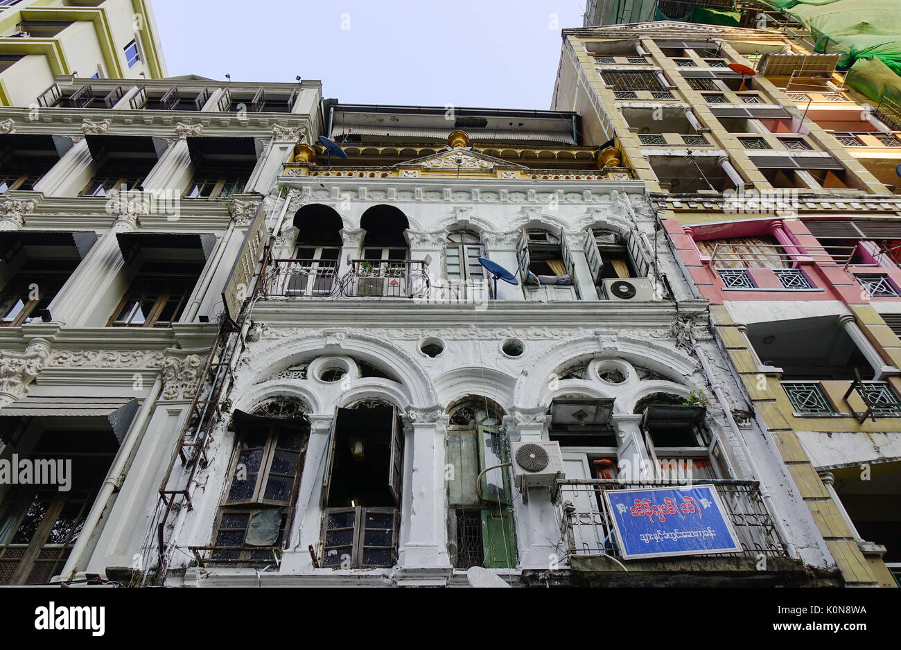 Yangon, Myanmar - Feb 13, 2017. Old buildings at Chinatown in Yangon ...