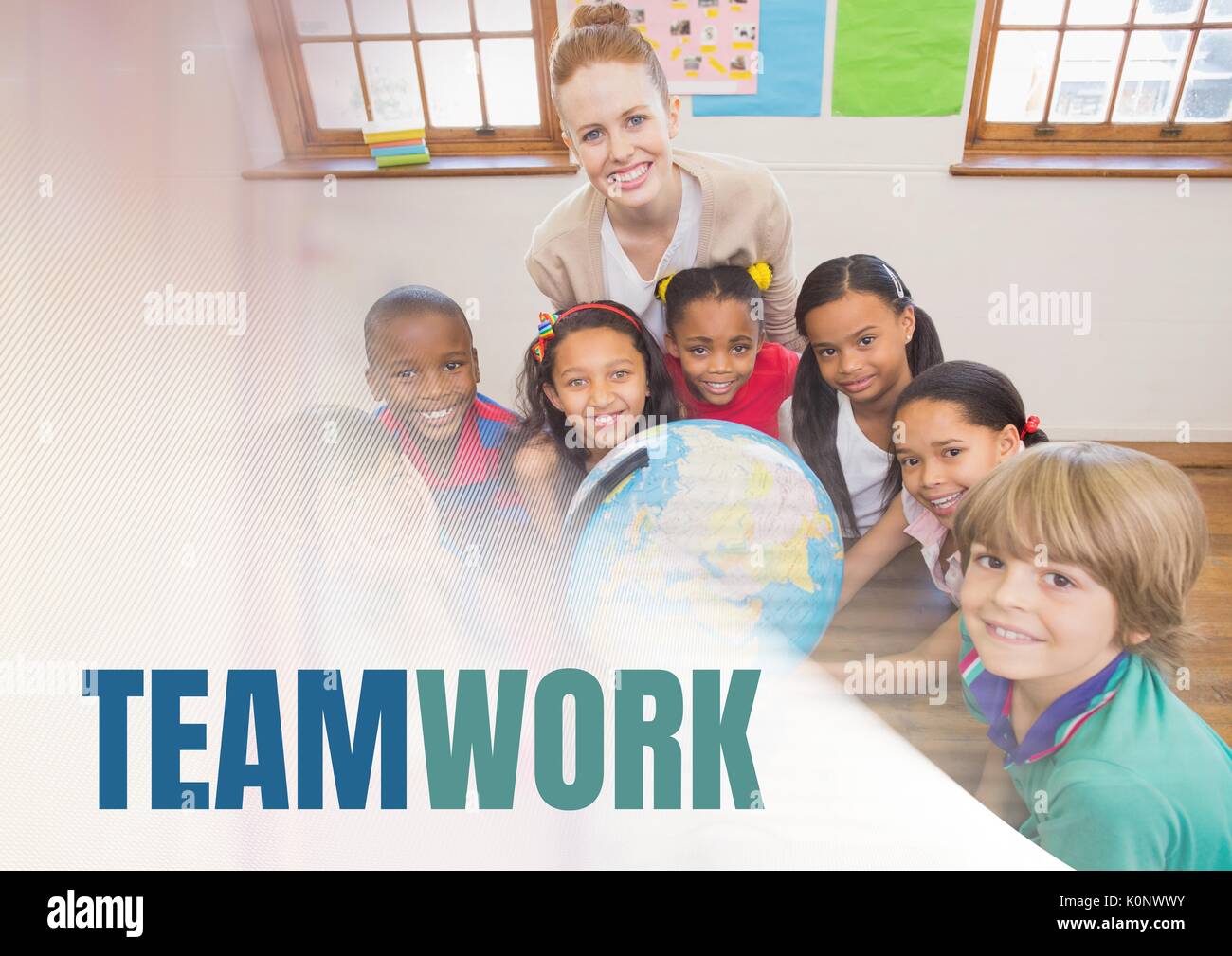Digital composite of Teamwork text and Elementary school teacher with ...