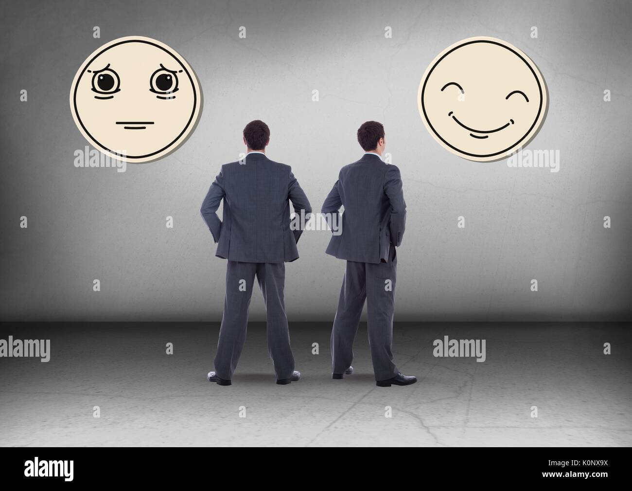 Digital composite of Happy or sad emoticon face with Businessman ...