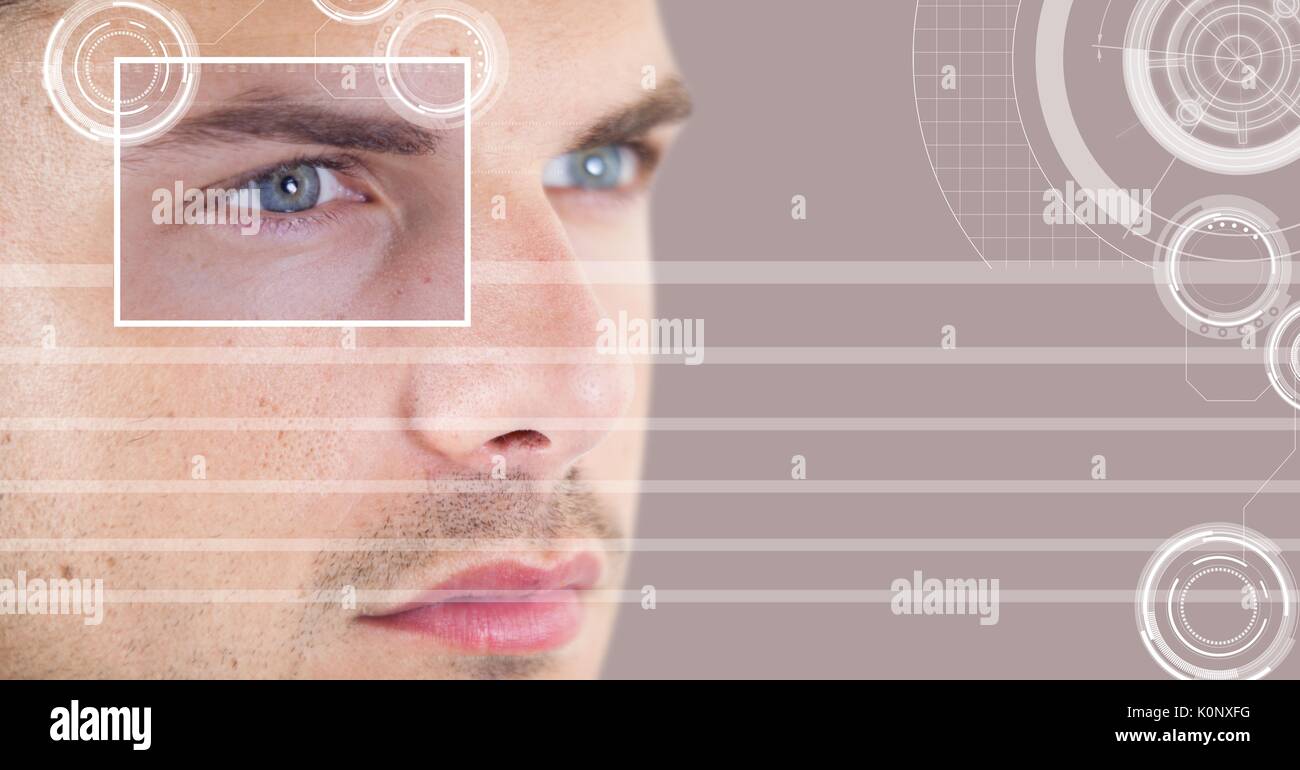 Digital composite of man with eye focus box detail and lines interface ...