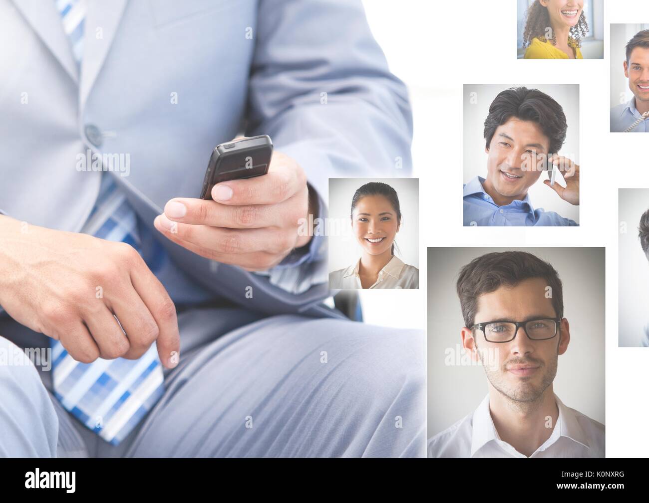 Digital composite of Man holding phone with Profile portraits of people ...