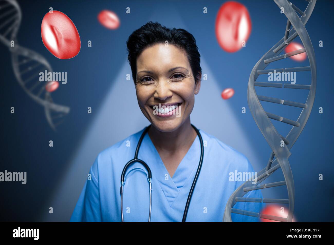 Digital composite of Happy doctor woman standing with DNA strands and ...