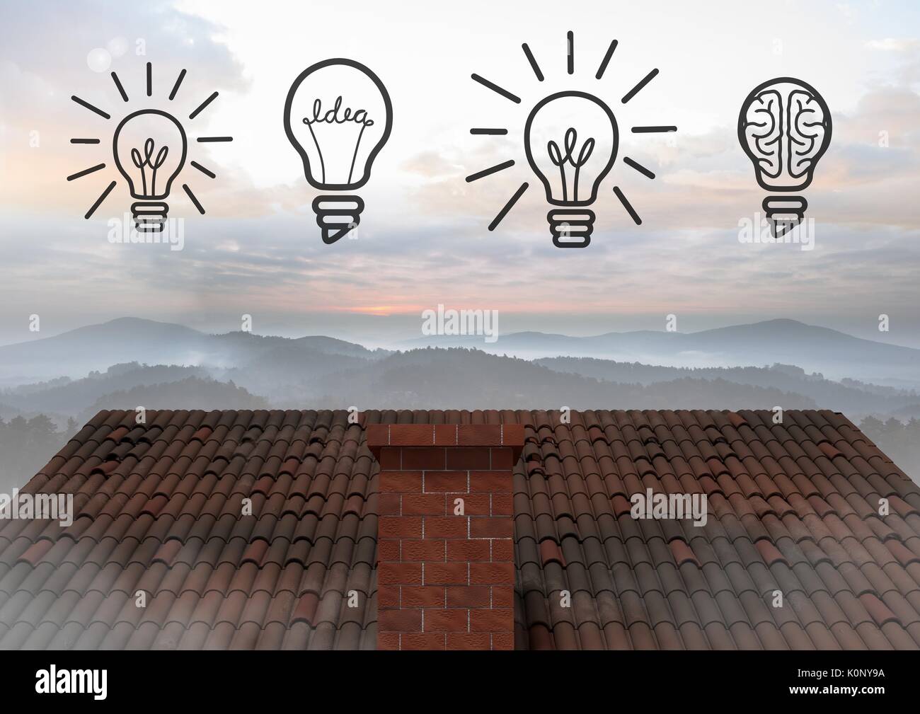 Digital composite of Light bulb icons over roof Stock Photo - Alamy