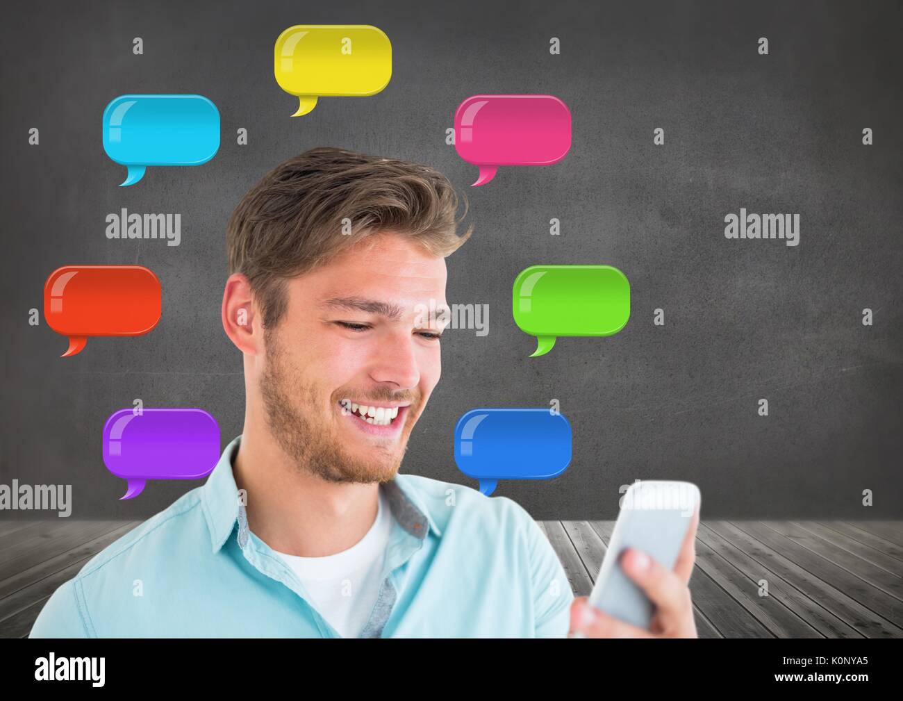 Digital composite of man on phone with shiny chat bubbles Stock Photo ...