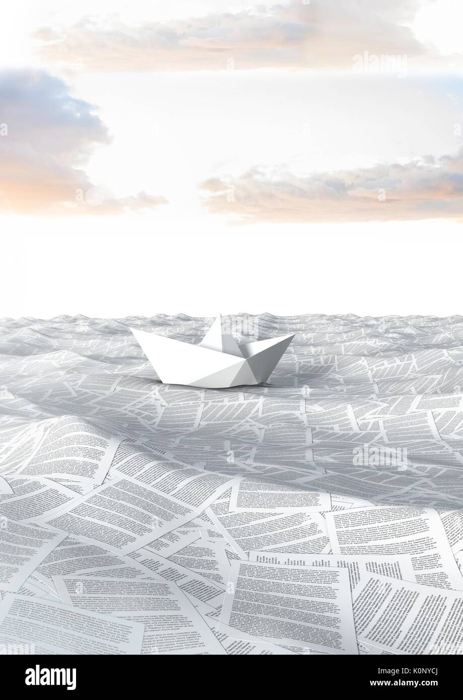 Digital composite of sea of documents under sky clouds with paper boat ...
