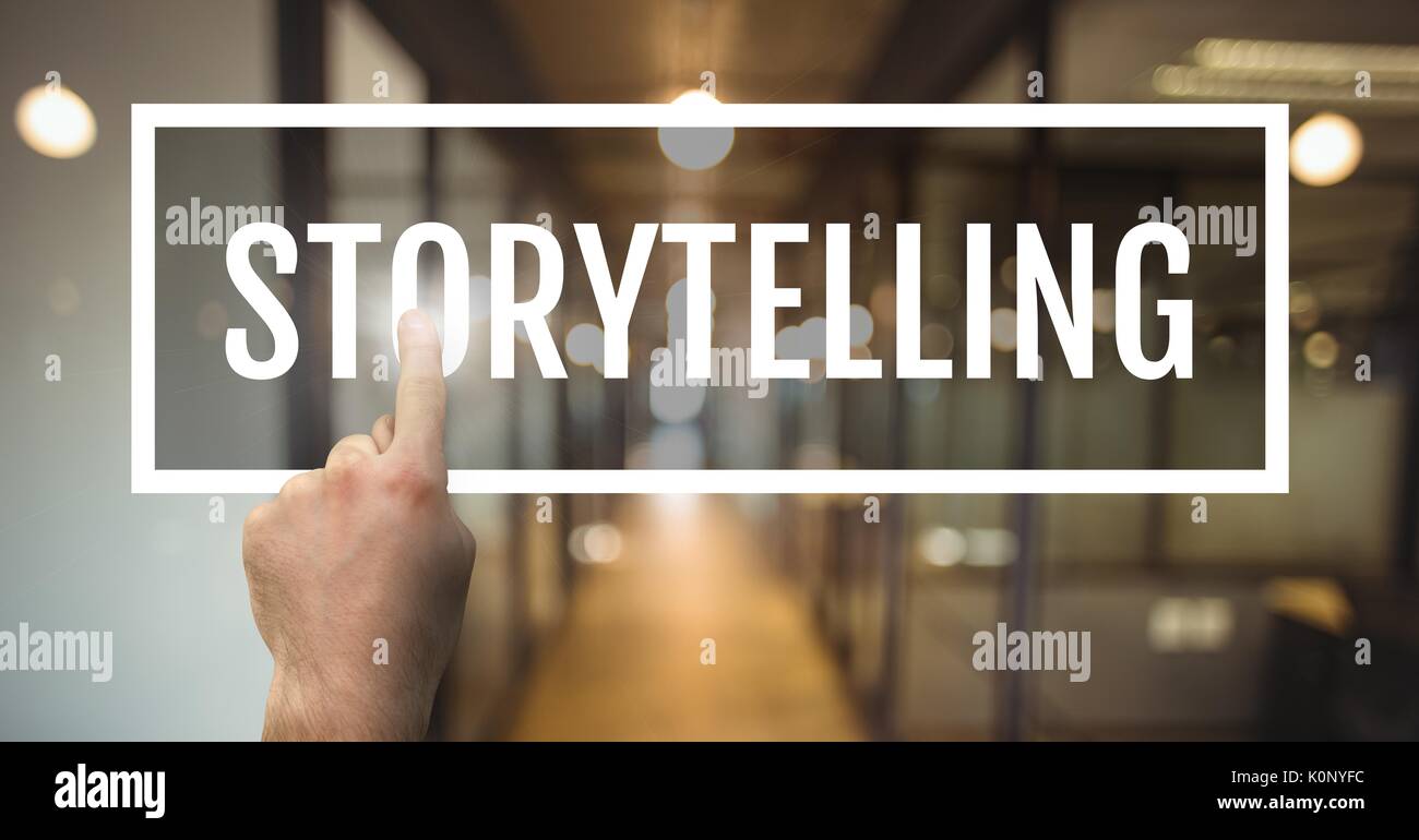 Digital composite of Hand interacting with storytelling business text ...