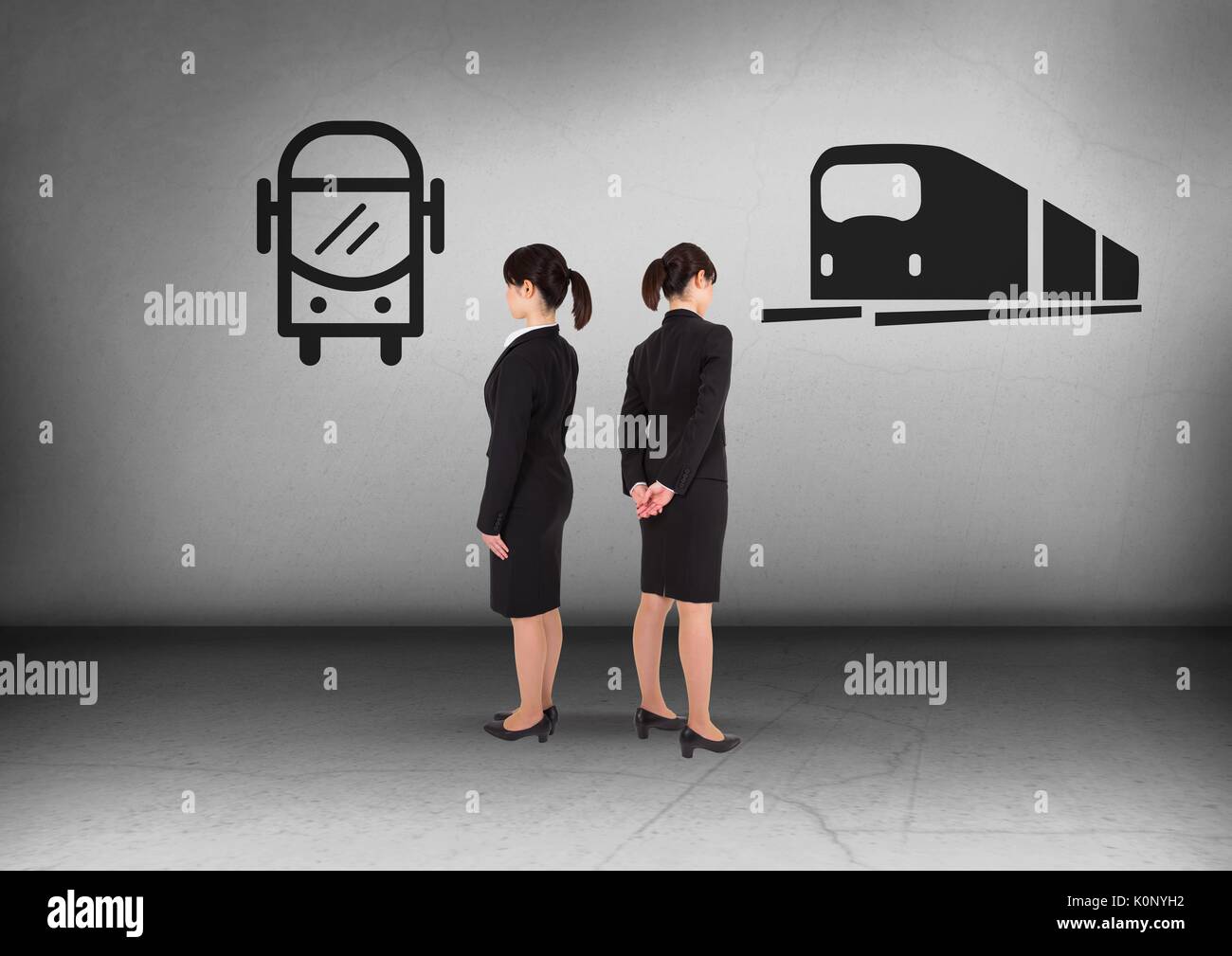 Digital composite of Bus or train with Businesswoman looking in ...