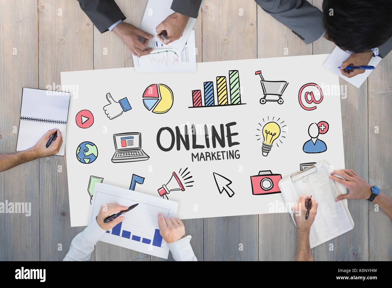Digital composite of Table top meeting with web graphics Stock Photo ...