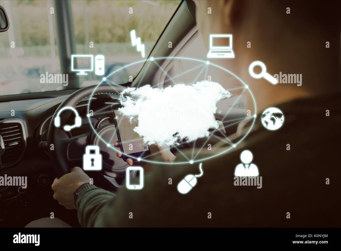 Digital composite of Map with icons against man in the car Stock Photo ...