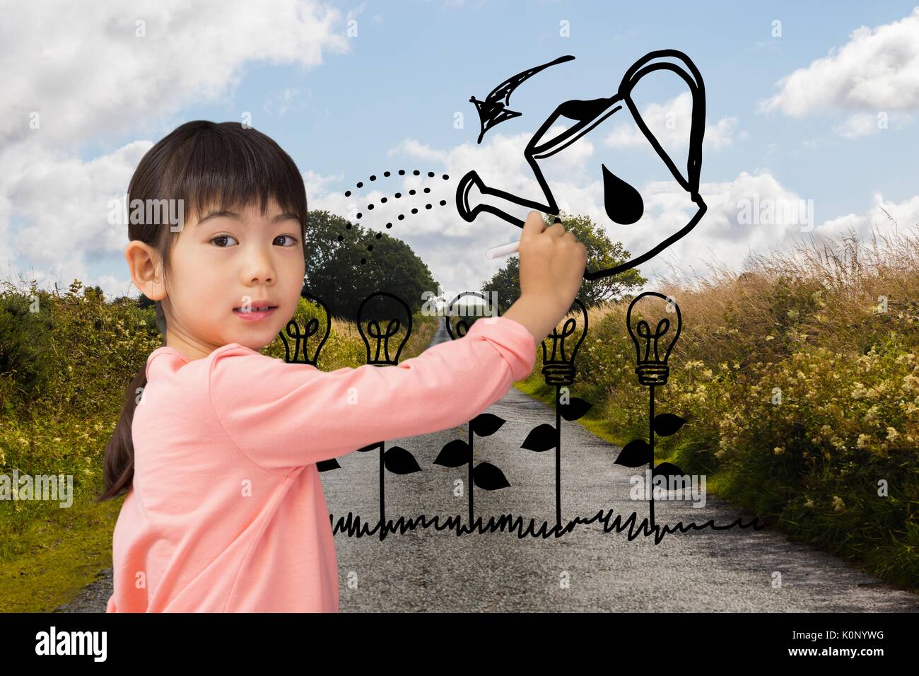 Digital composite of Girl drawing bulb plants on the road Stock Photo ...