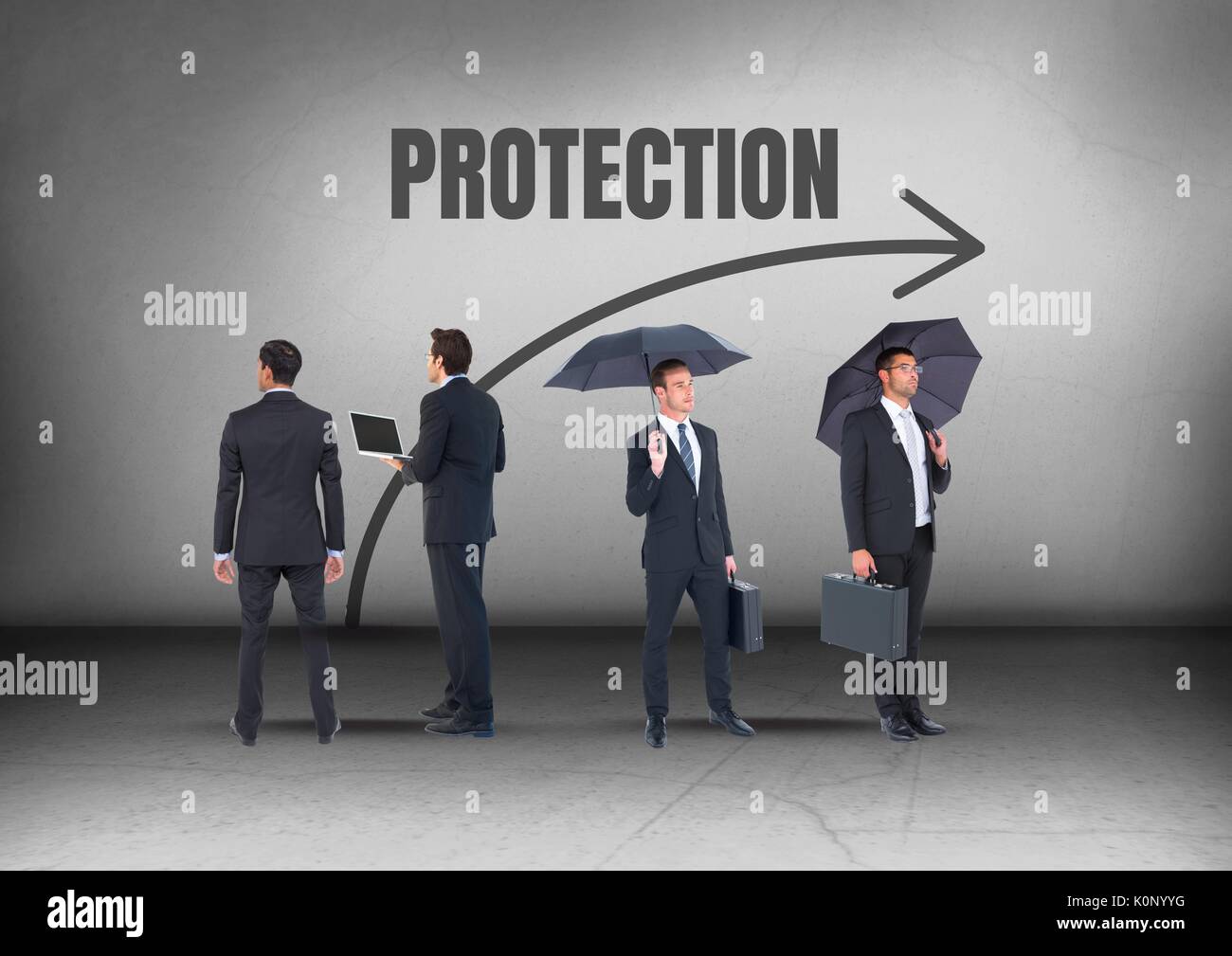 Digital composite of Protection text and Group of Businessmen with ...