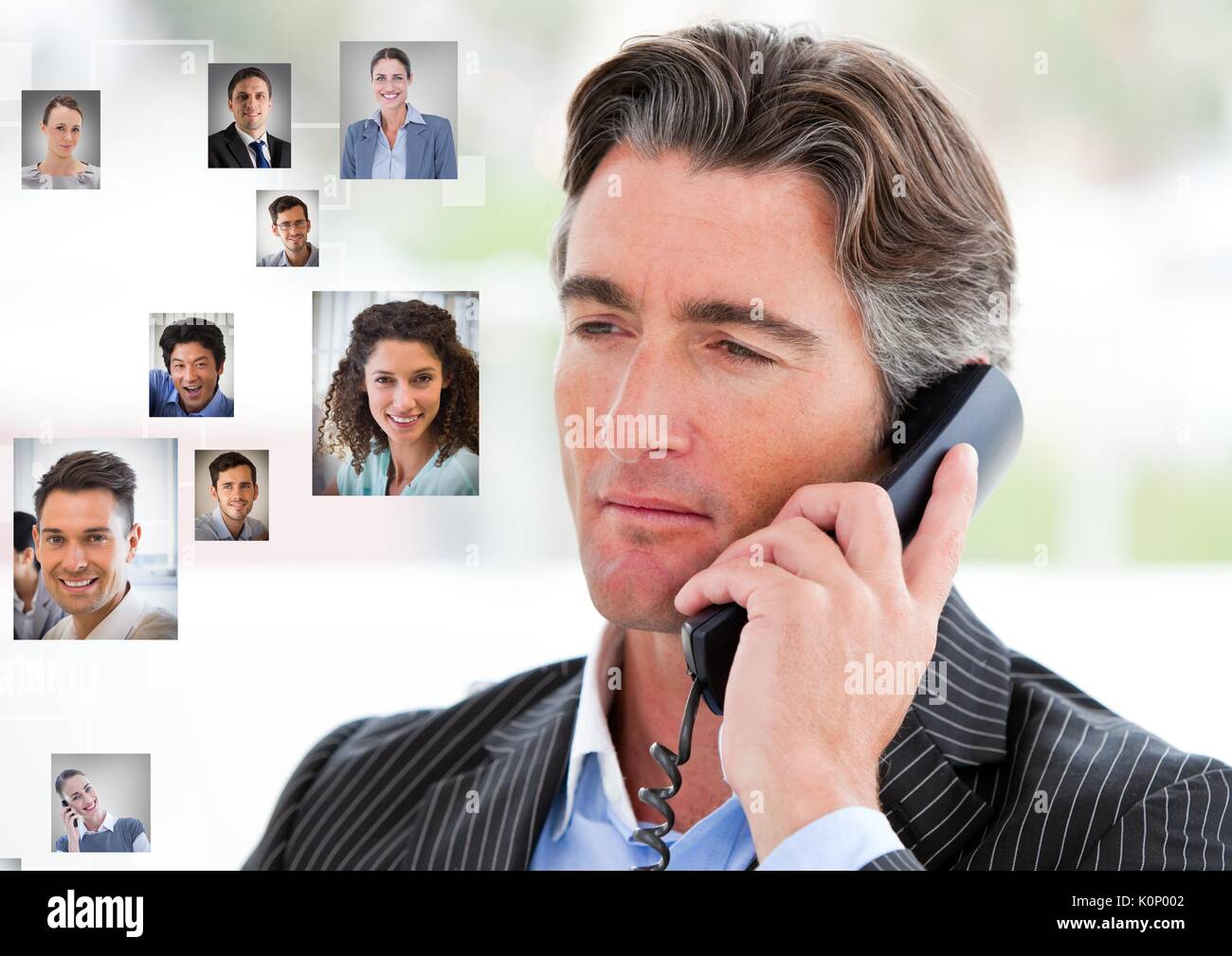 Digital composite of Man holding phone with Profile portraits of people ...