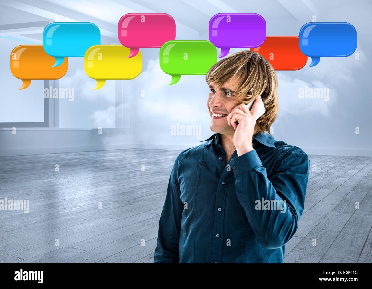 Digital composite of man on phone with shiny chat bubbles Stock Photo ...