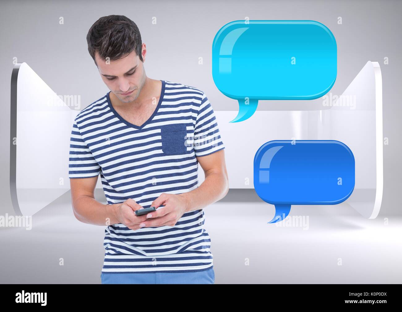 Digital composite of man on phone with two shiny chat bubbles Stock ...