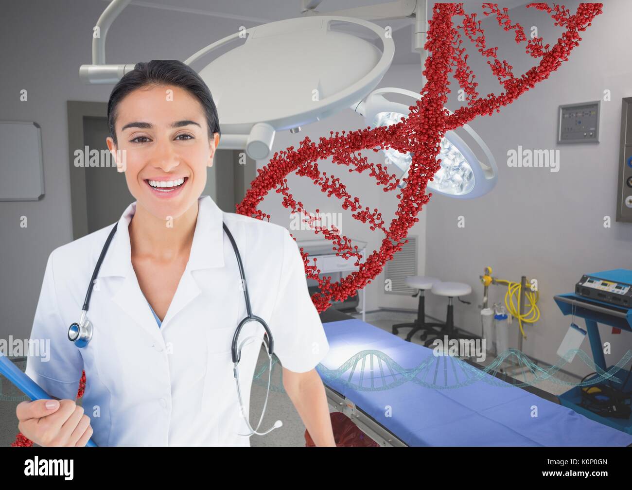 Digital composite of Happy doctor woman with 3D DNA strand Stock Photo ...