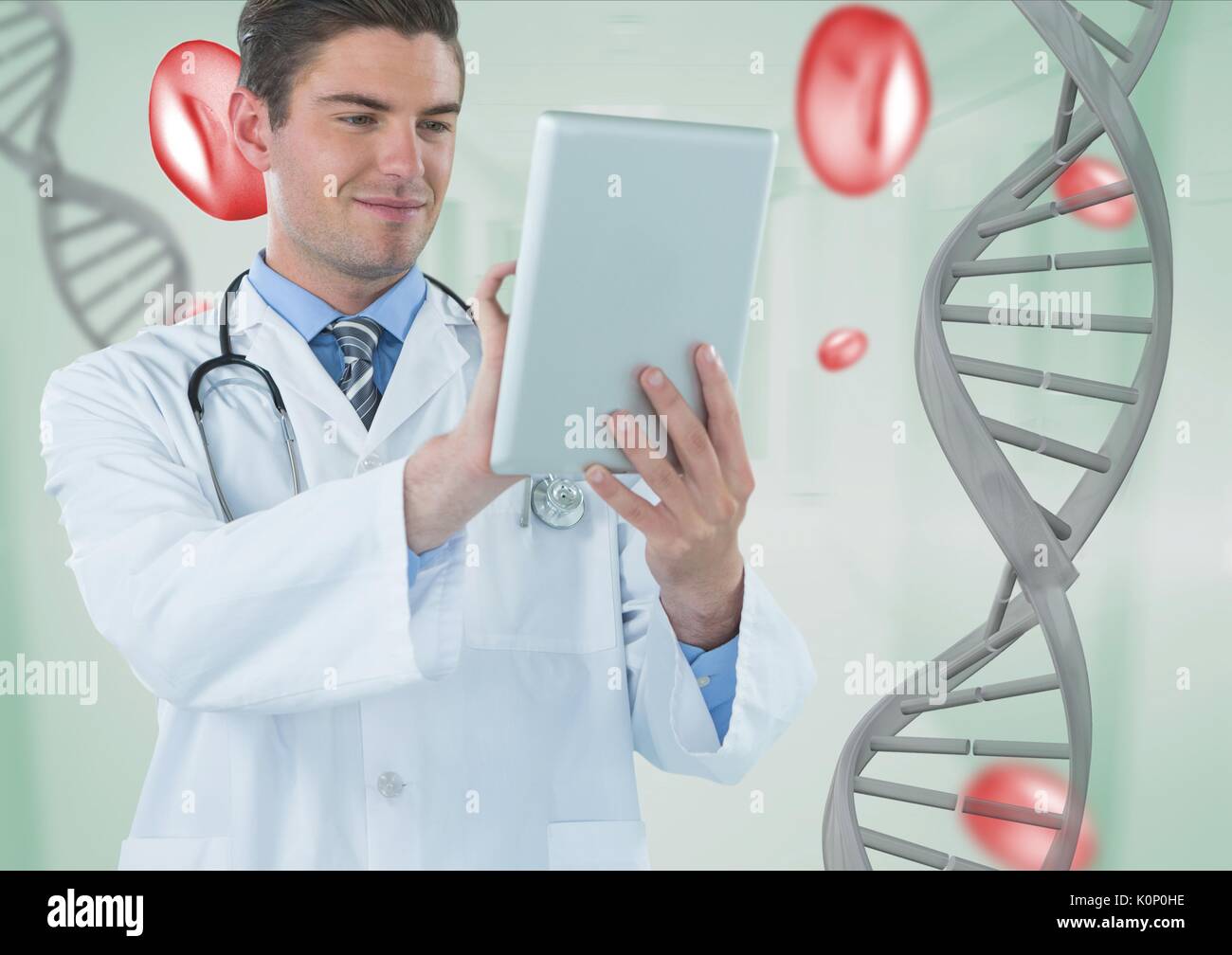 Digital composite of Doctor man using a tablet with 3D DNA strand and ...