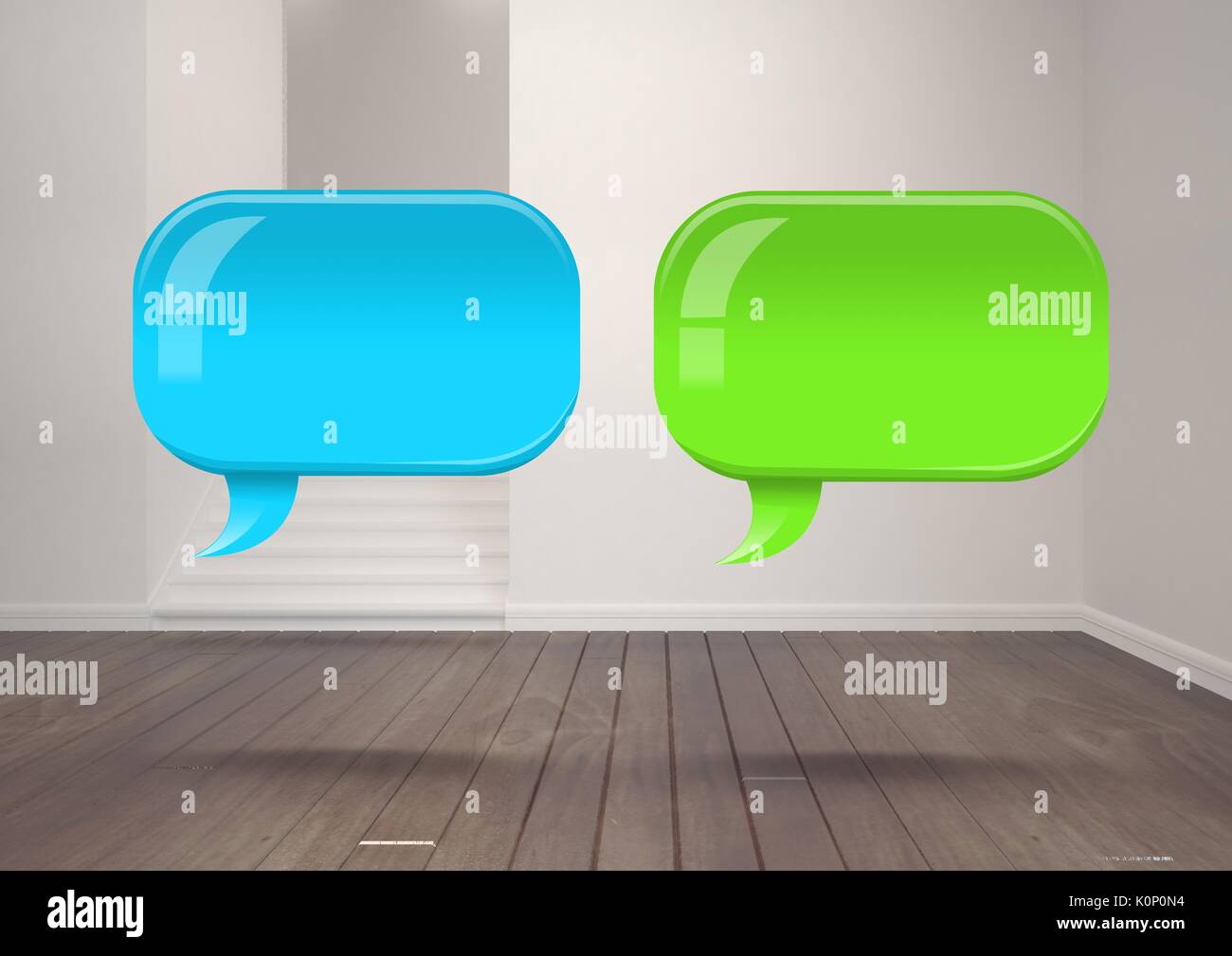 Digital composite of Two Shiny chat bubbles floating in room Stock ...