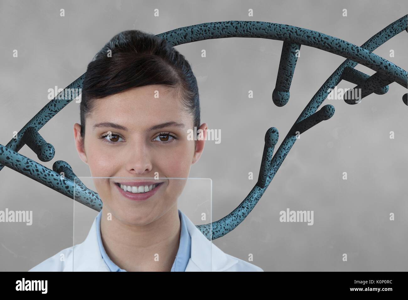 Digital composite of Doctor woman with 3D DNA strand against grey ...