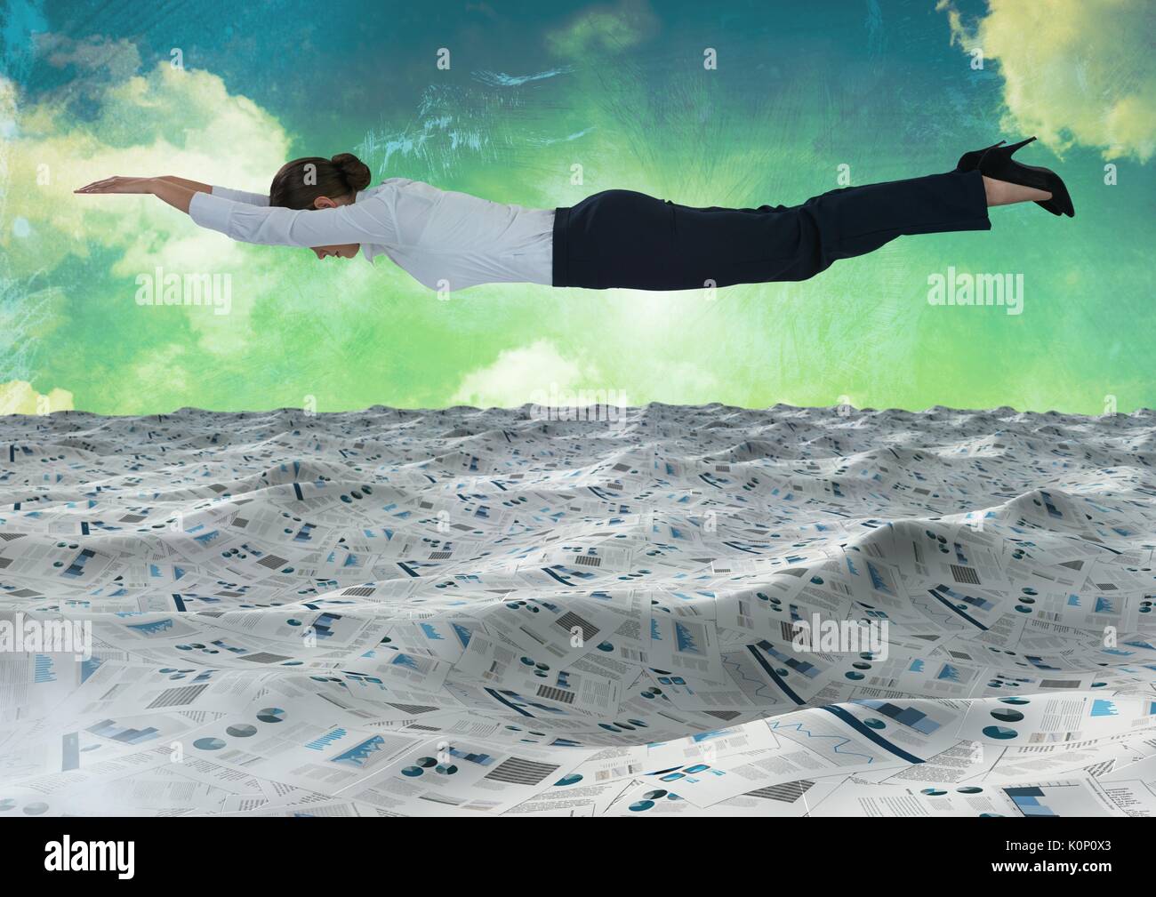 Digital composite of Businesswoman flying over sea of documents under ...