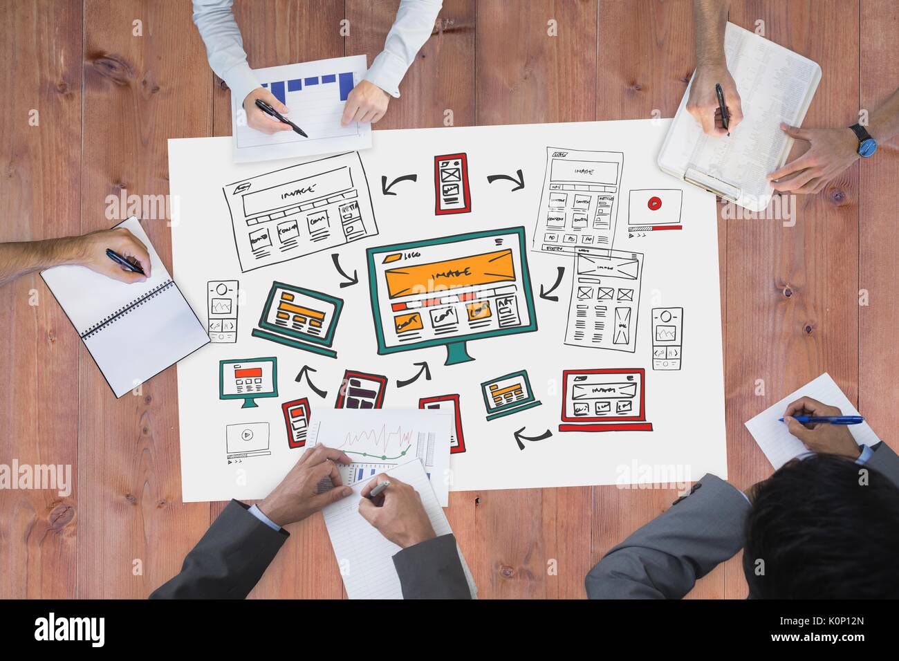 Digital composite of Table top meeting with web graphics Stock Photo ...