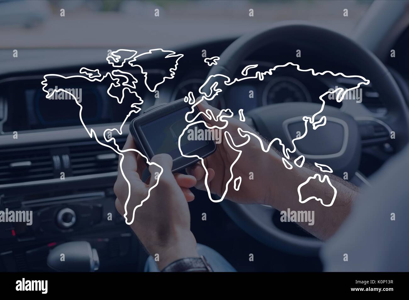 Digital composite of World map icon against person in the car Stock ...
