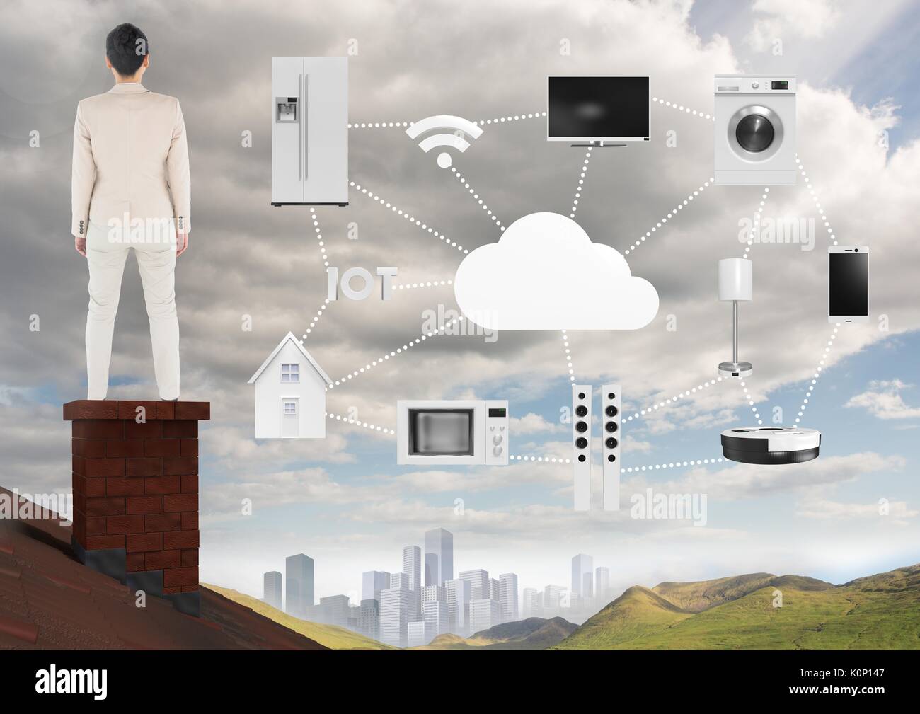 Digital composite of Businesswoman on roof with home object and ...