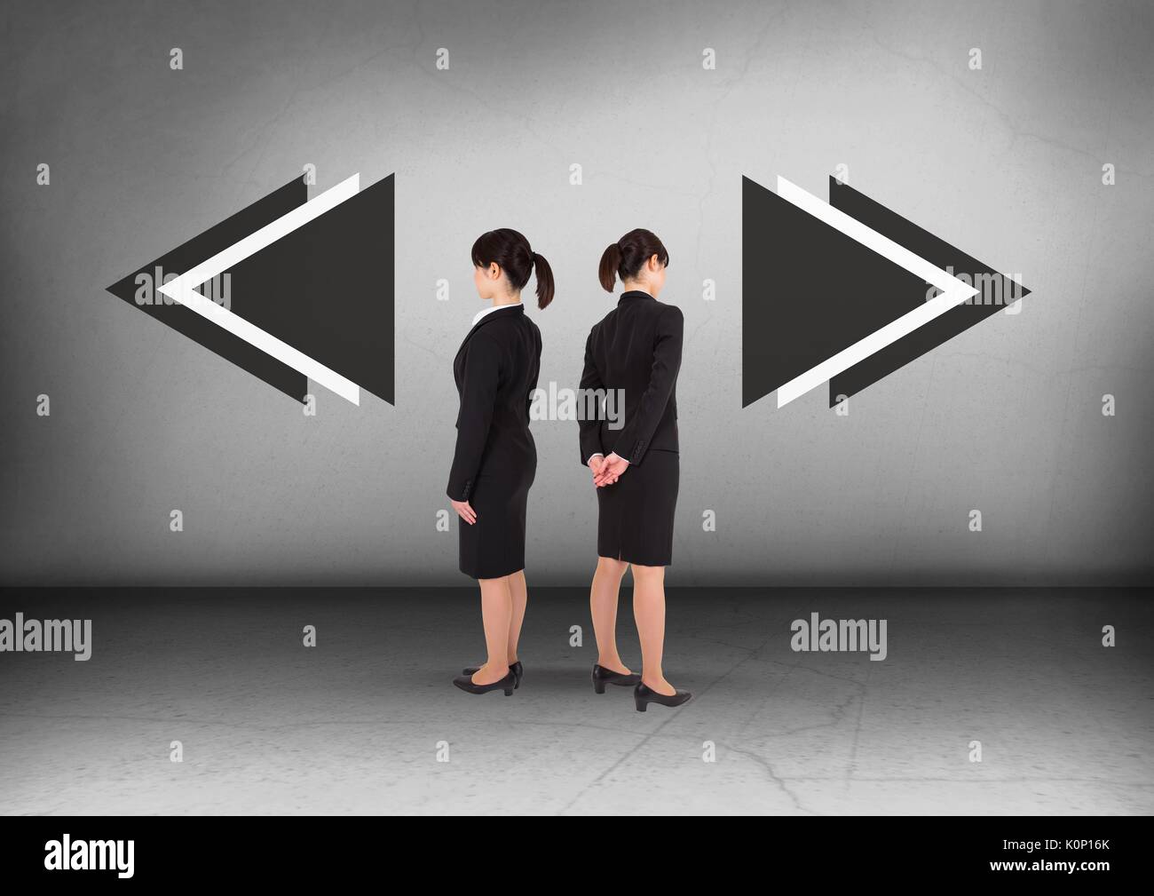 Digital composite of Left or right arrows with Businesswoman looking in ...