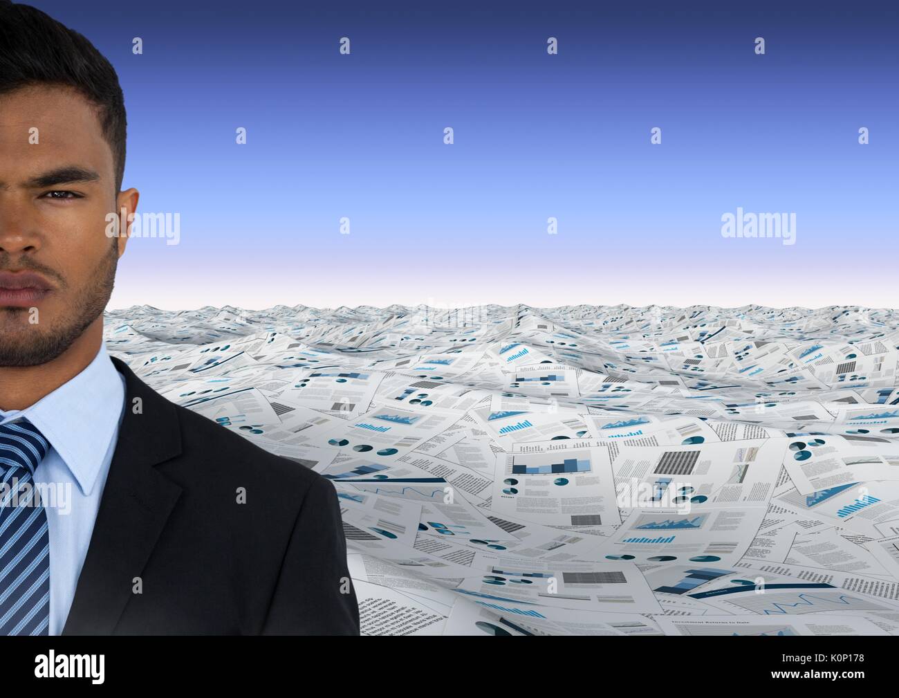 Digital composite of Businessman in sea of documents under sky Stock ...