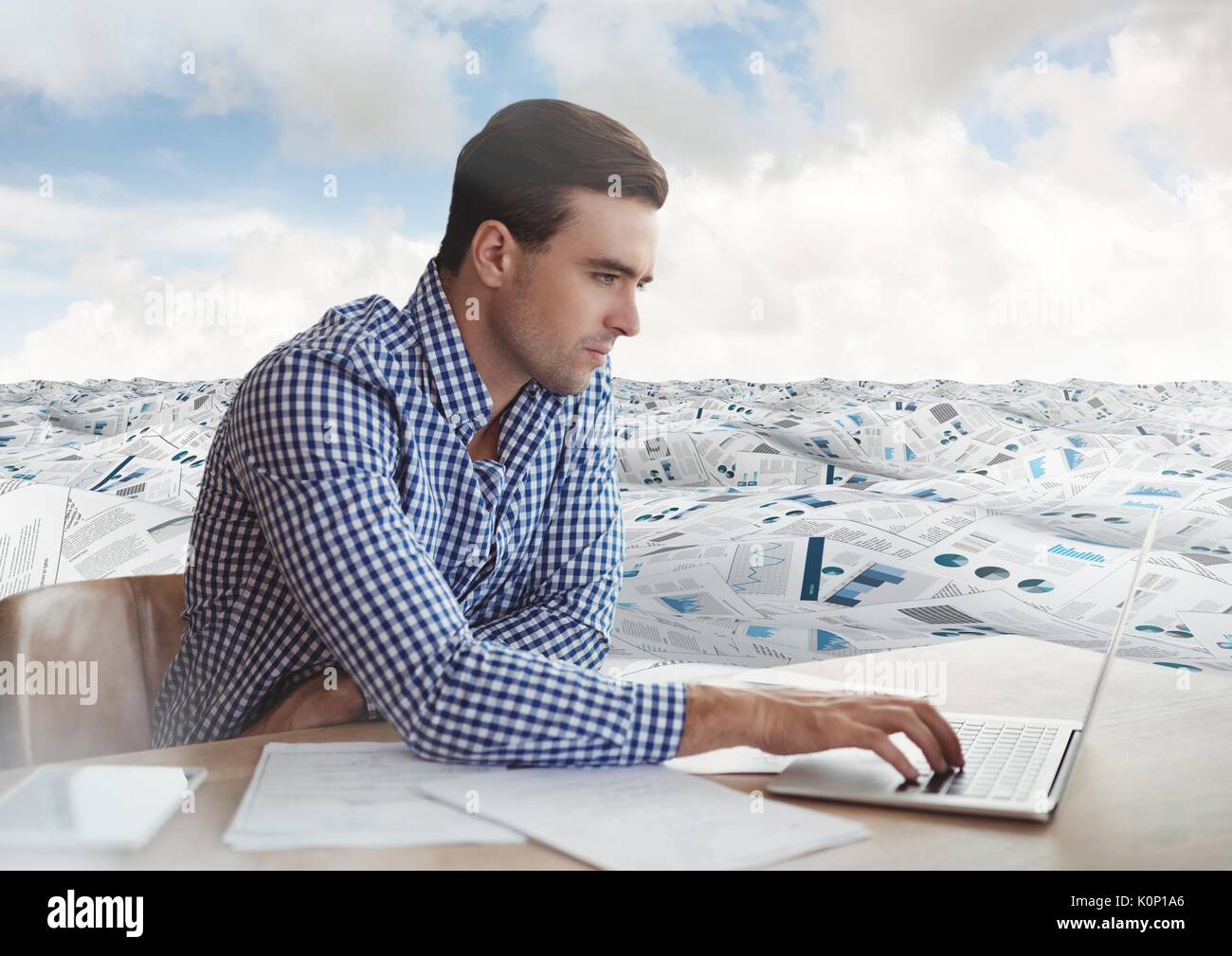 Digital composite of Businessman at desk in sea of documents under sky ...