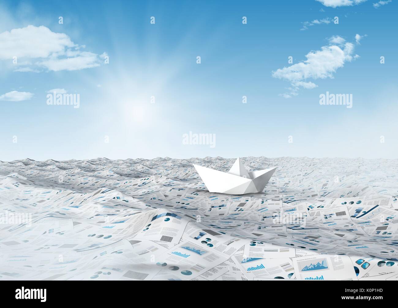 Digital composite of sea of documents under sky clouds with paper boat ...