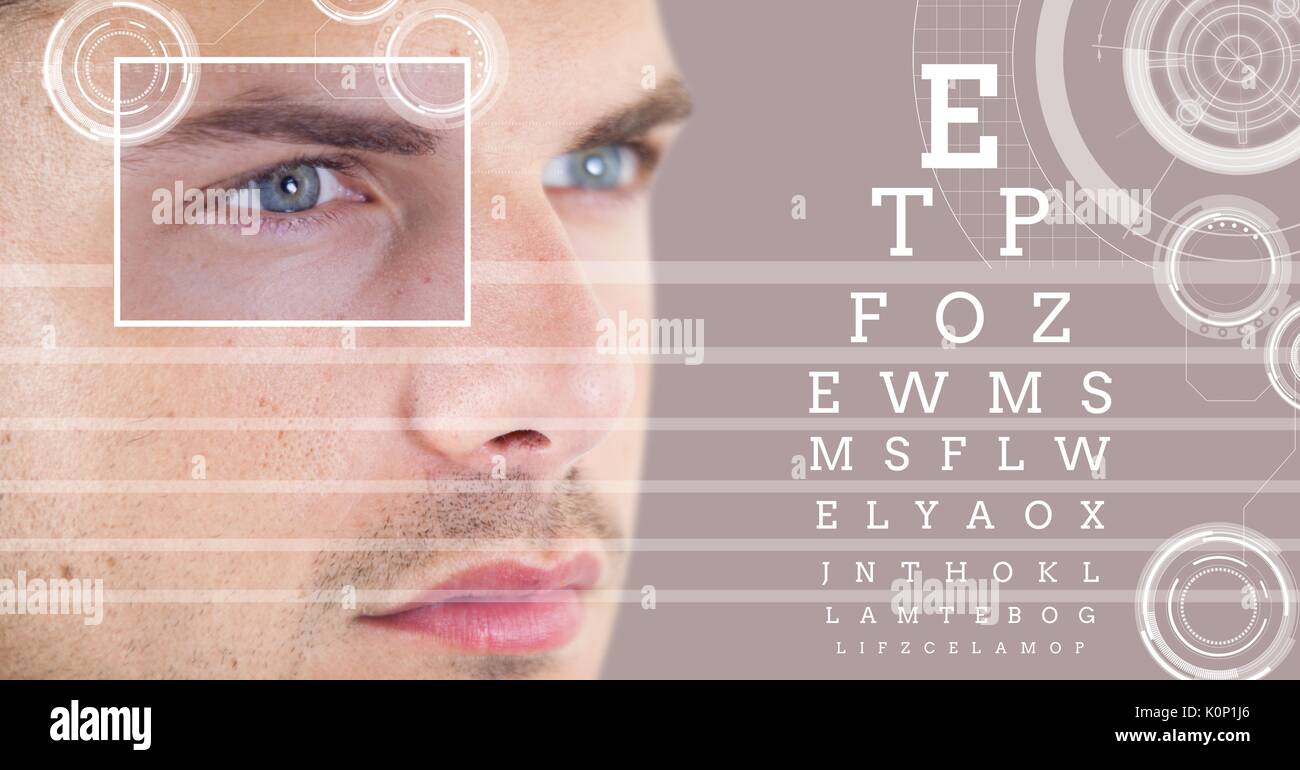 Digital composite of man with eye focus box detail and lines and Eye ...