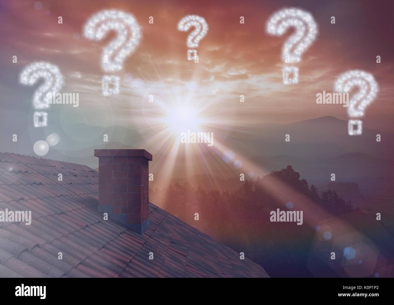 Digital composite of Question marks over roof and majestic sky Stock ...