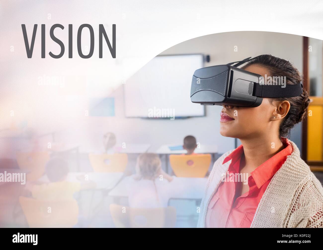 Digital composite of Vision text and Teacher wearing Virtual reality ...